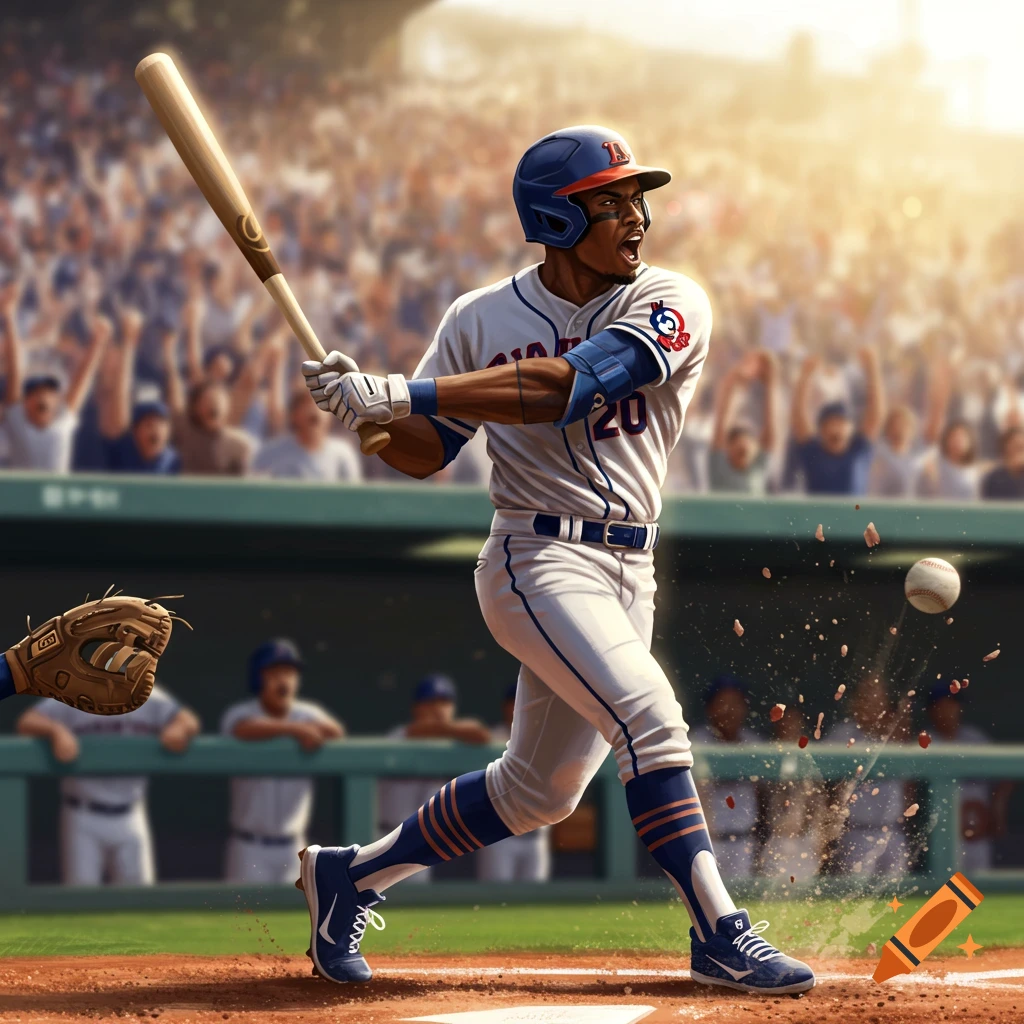 A baseball player swings a bat at a pitch in a sunny stadium. on Craiyon