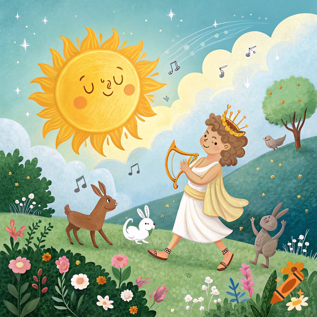 Apollo, cloud, and animals dancing around a shining sun. on Craiyon