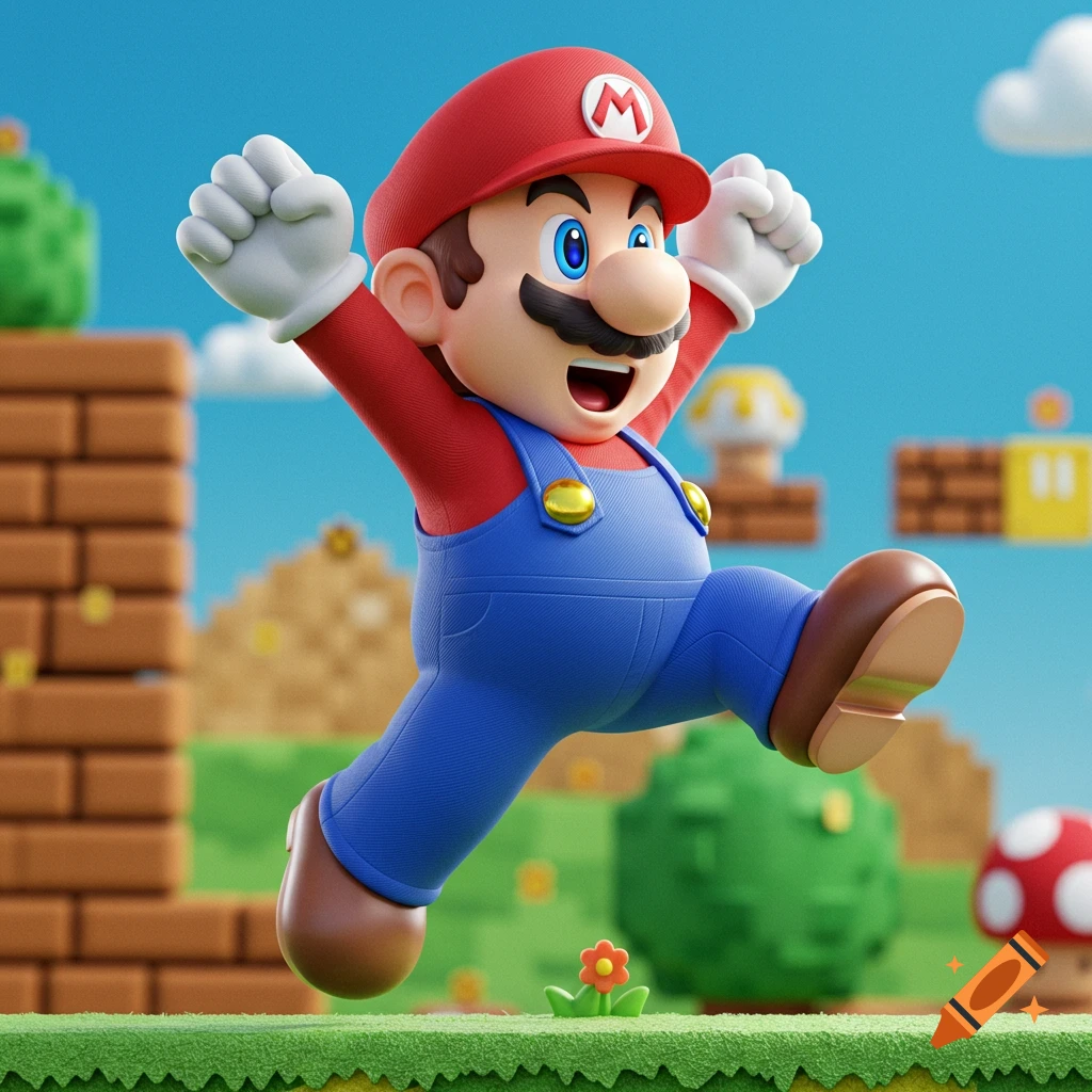 Stylized 3D rendering of Mario jumping in a Super Mario Bros. level on ...