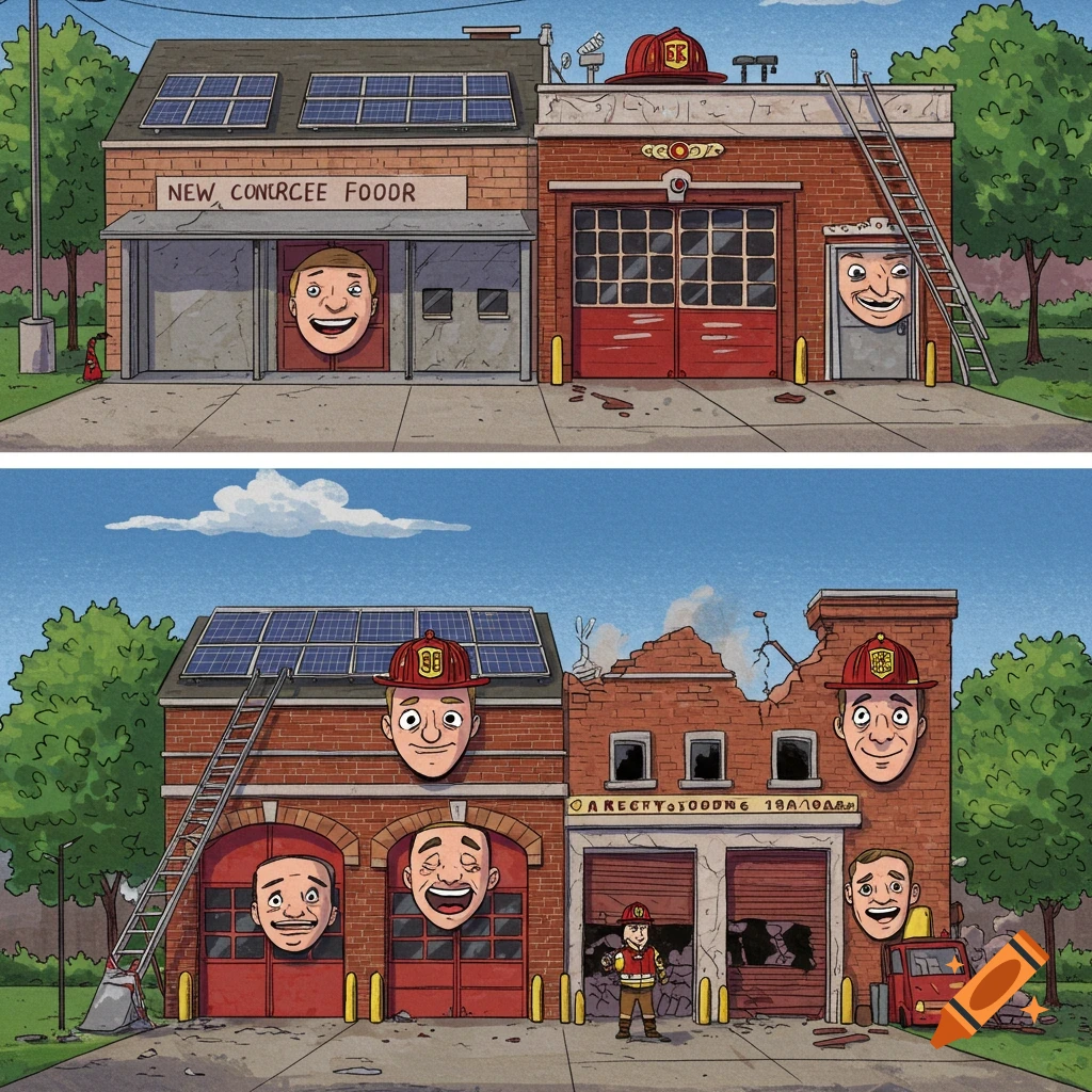 Cartoon fire stations with faces, one dilapidated, others modern on Craiyon
