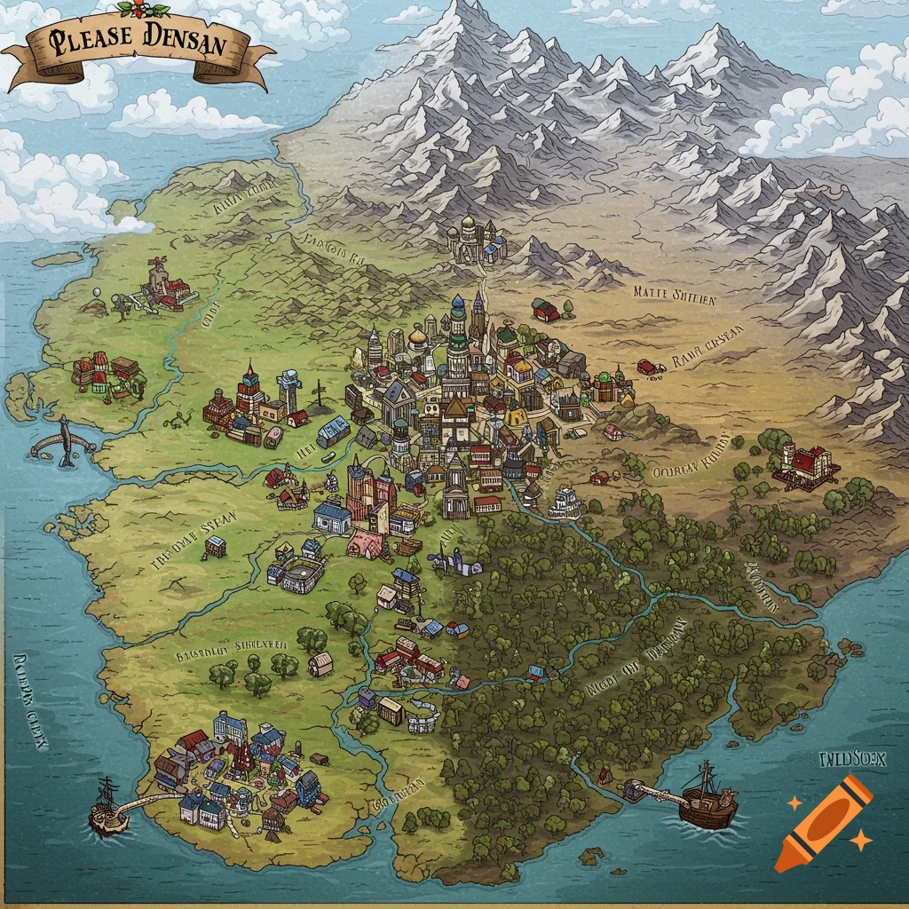 A detailed fantasy world map with mountains, forests, seas, rivers, and ...