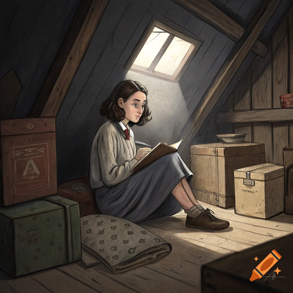 Illustration of a girl writing in a book while sitting on a trunk in a ...