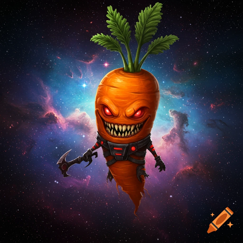 A potato with glowing green eyes and sharp teeth against a dark background. on Craiyon