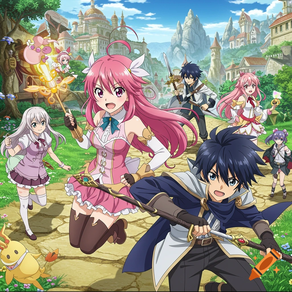 Anime characters with swords and magic staffs run down a path towards a ...