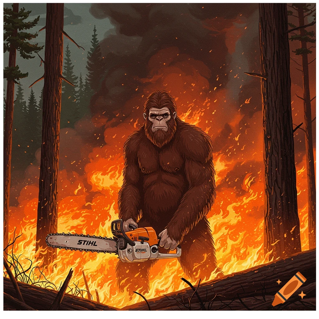Sasquatch holding a Stihl chainsaw in a forest fire on Craiyon