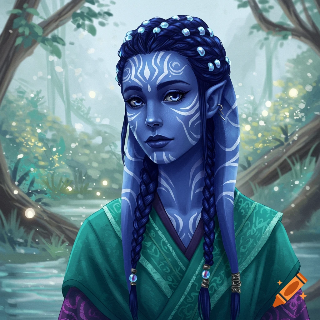 A blue-skinned fantasy character with white facial markings and braided ...