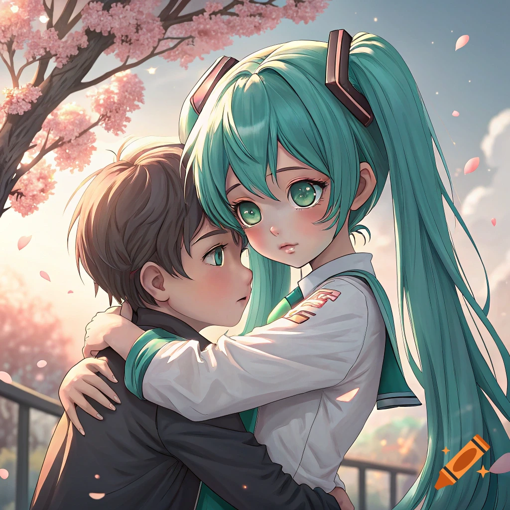 Hatsune Miku hugs a shy boy with green eyes, anime style on Craiyon