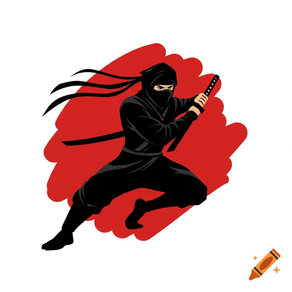 A ninja in black uniform with neon accents crouches in a futuristic ...