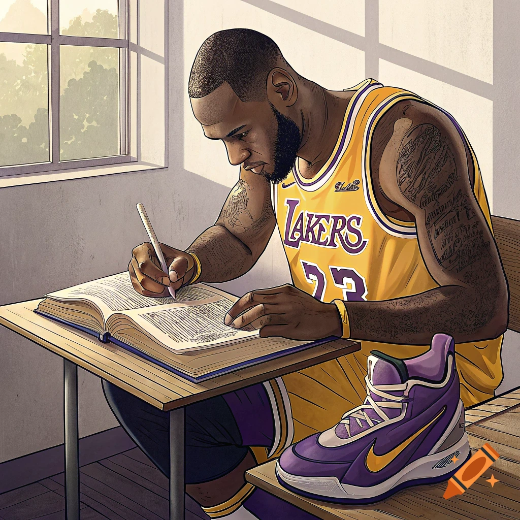 LeBron James in Lakers jersey studying on Craiyon