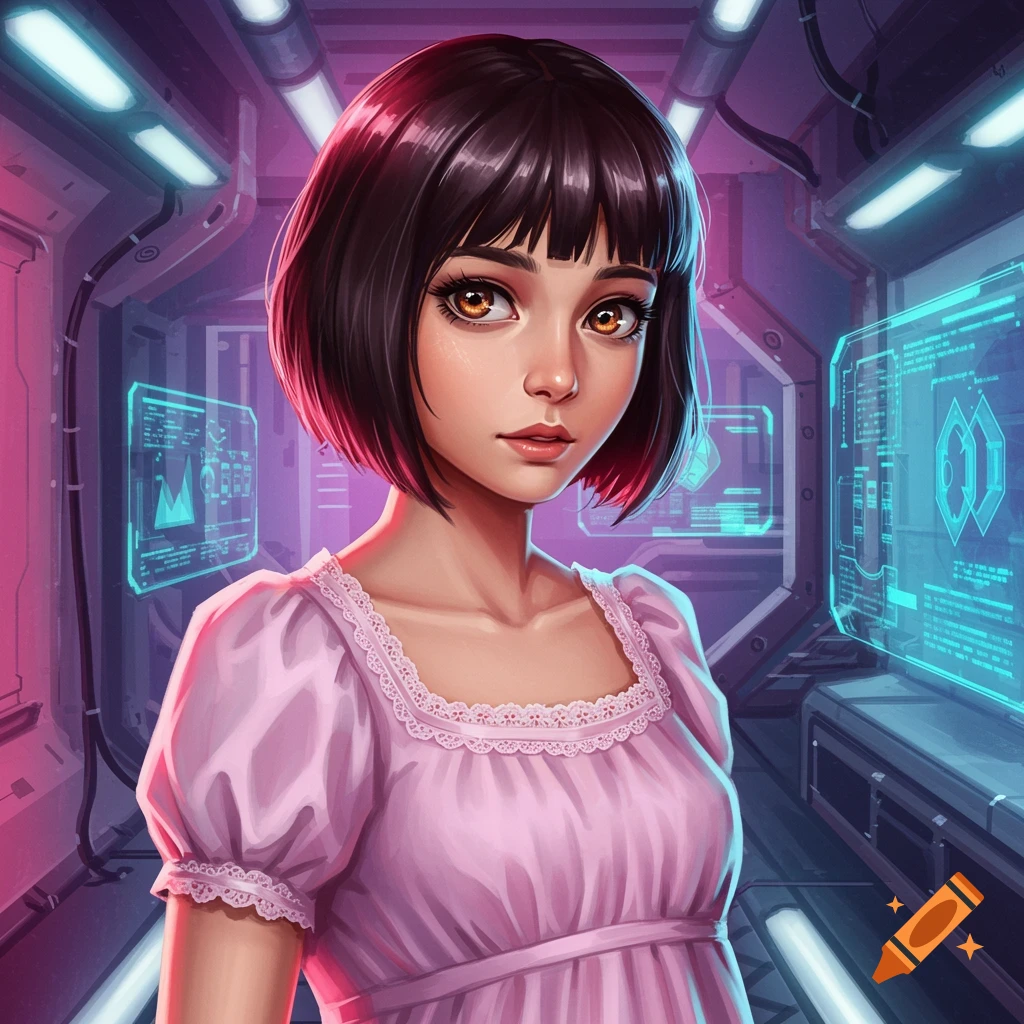 Technologically advanced android River, a teenager with bright brown ...