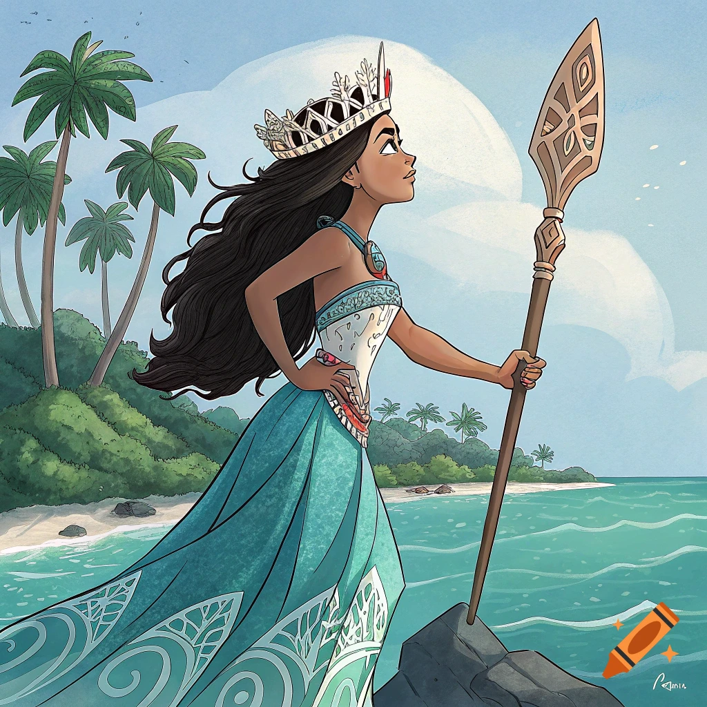Illustrated Moana-like character in a crown on a beach holding a spear ...