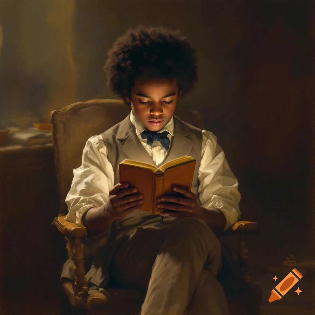 Frederick Douglass as a child reading "The Columbian Orater" on Craiyon