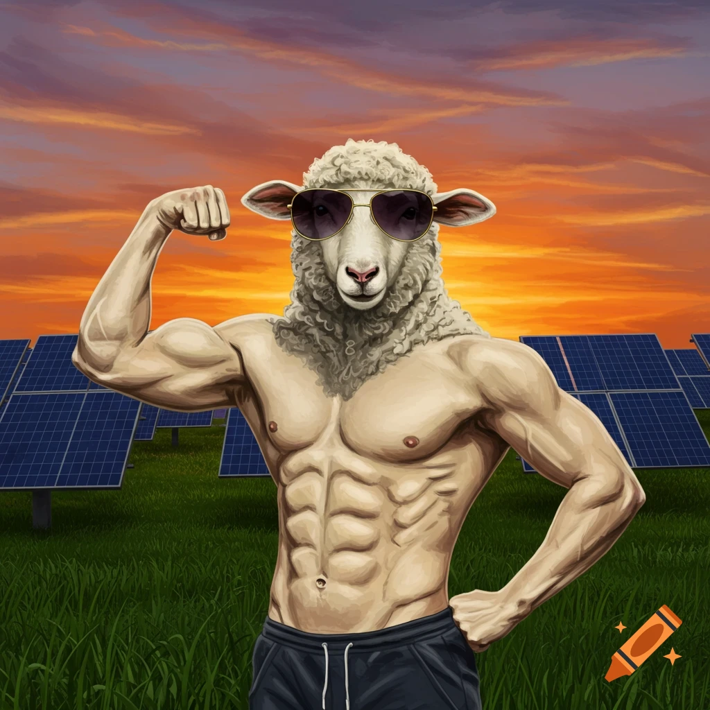 Sheep with sunglasses flexing muscles at sunset with solar panels on ...