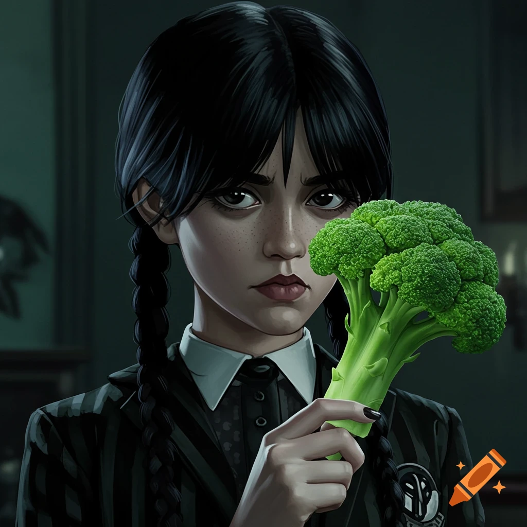 A dark-haired girl in a striped jacket holding broccoli. on Craiyon