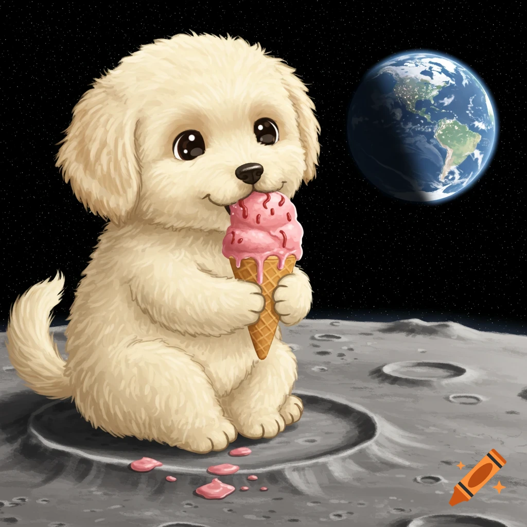 Cute puppy eating ice cream on the moon with Earth in the background ...