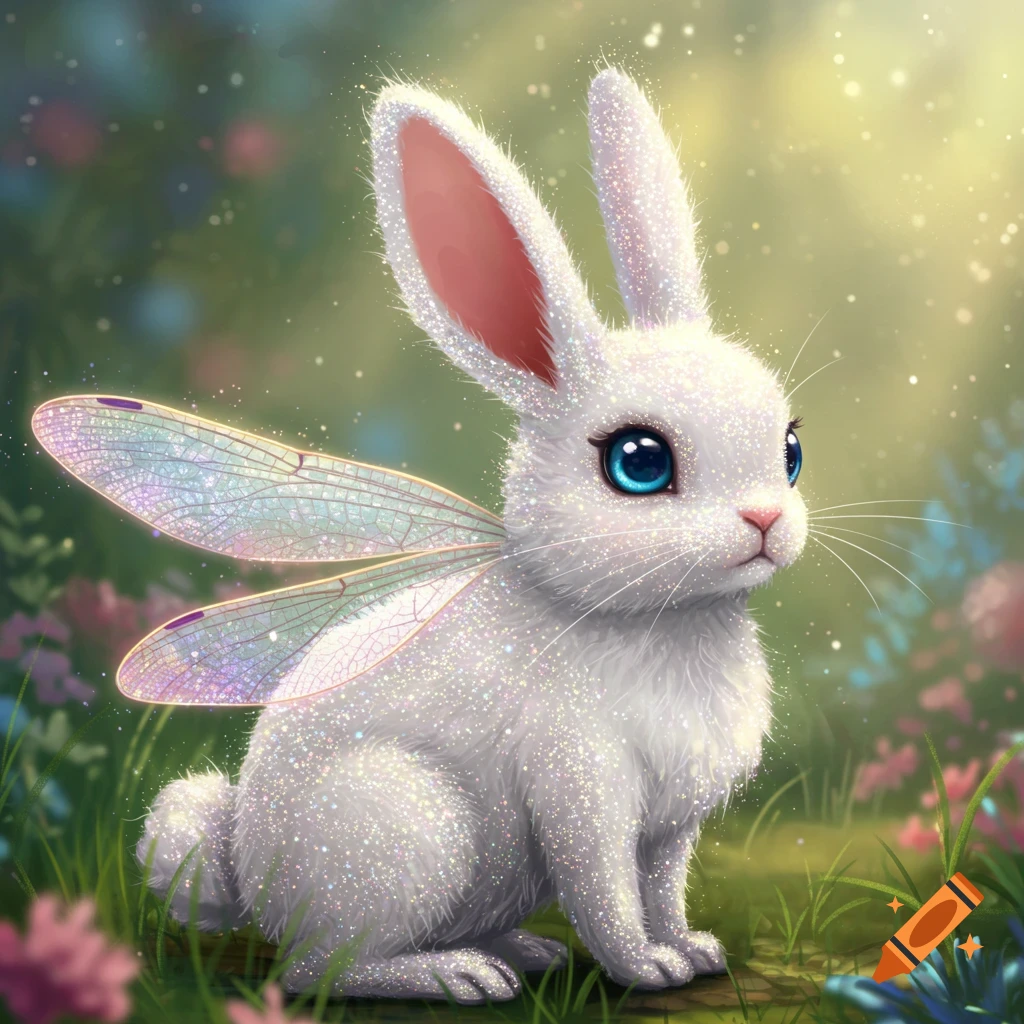 A sparkly white rabbit with glowing blue eyes and iridescent wings sits in a magical forest. on ...