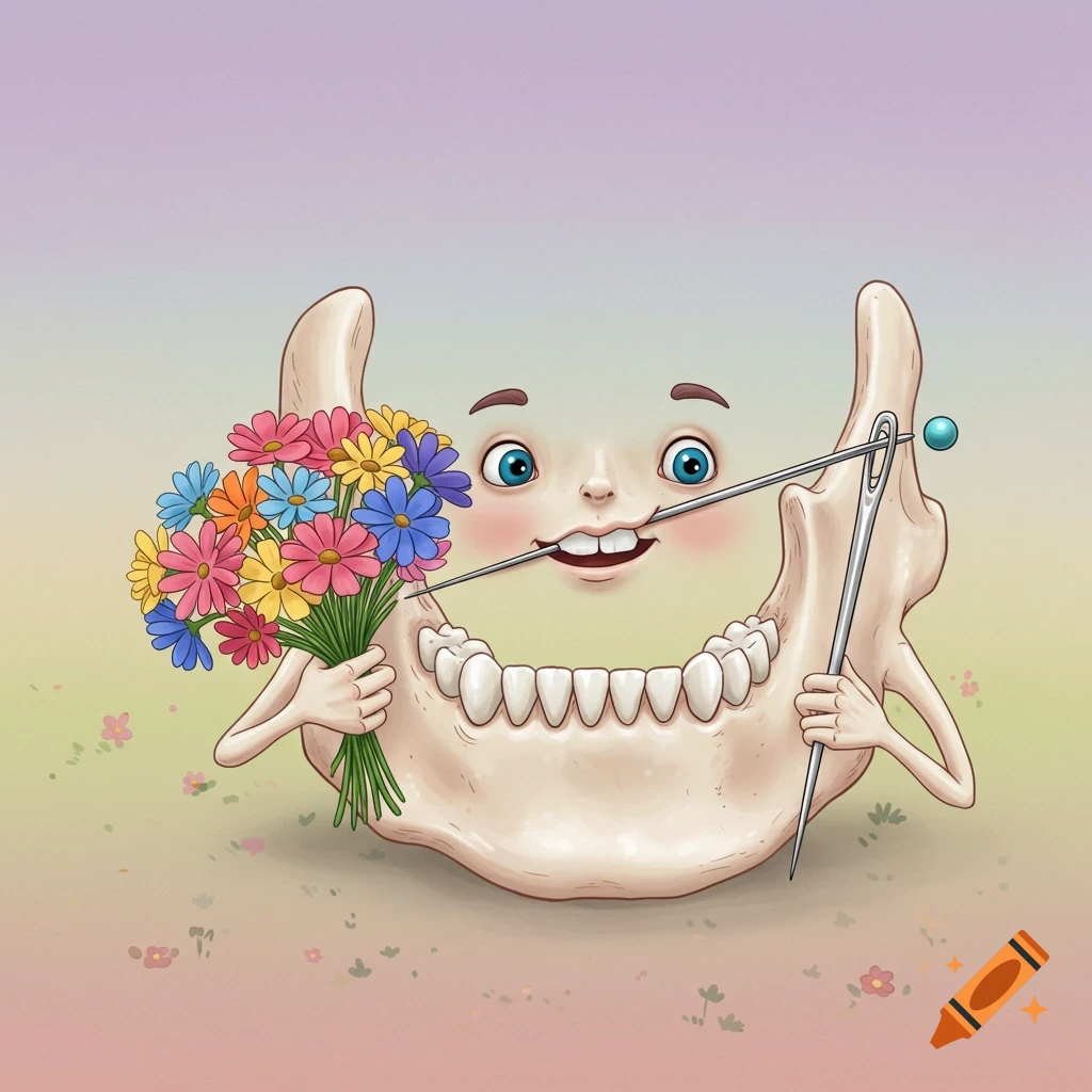 Cartoon jawbone character holding flowers and a needle on Craiyon