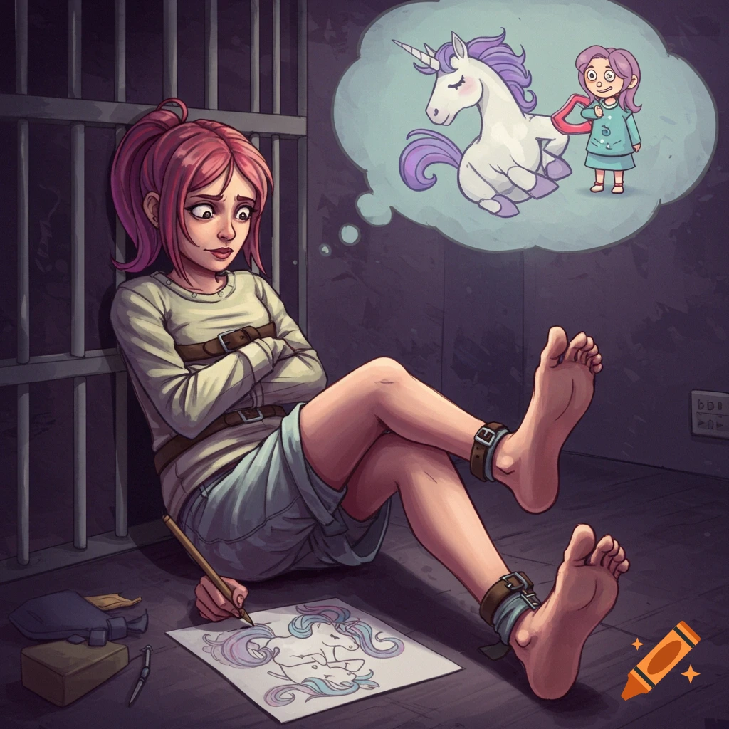A woman in a straitjacket drawing a unicorn and daydreaming about one ...