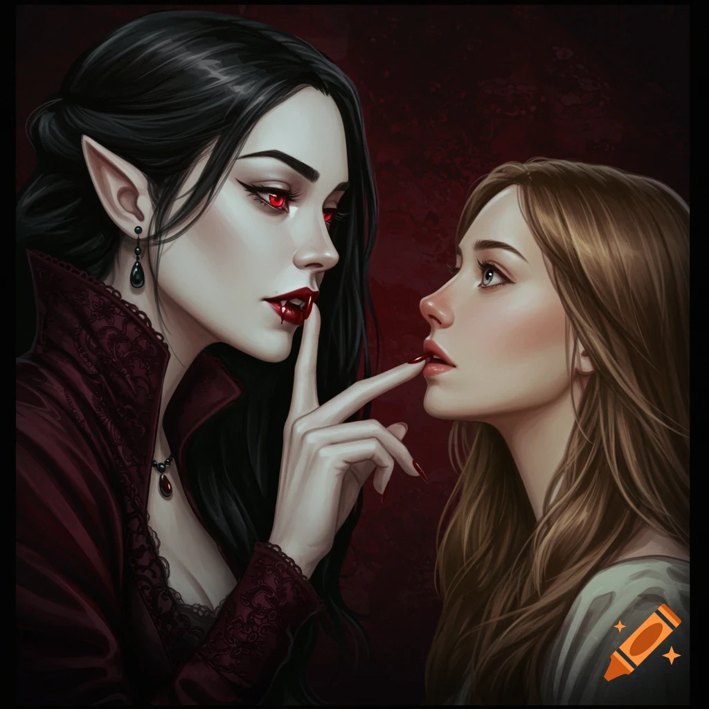Gothic scene of a vampire woman touching a human woman's lips. on Craiyon