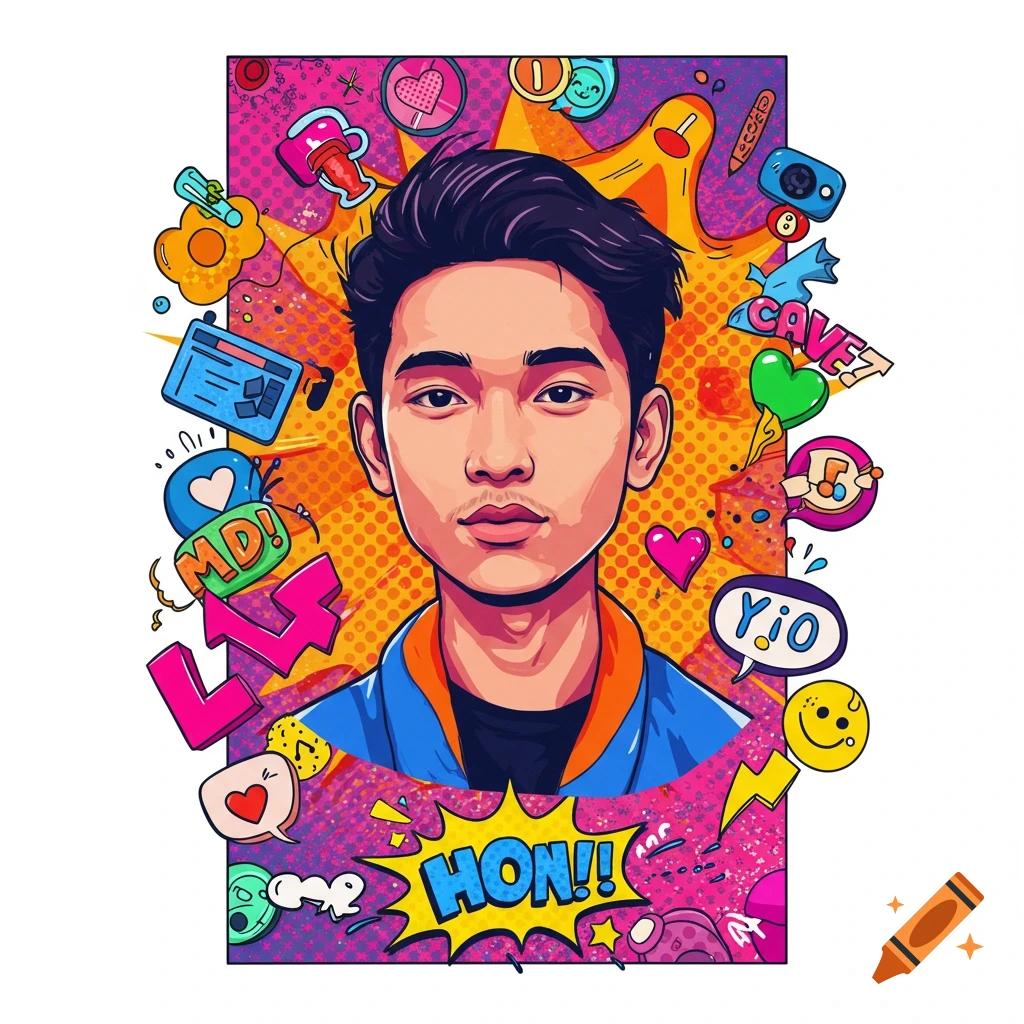Portrait of a young man surrounded by colorful pop art style icons and ...