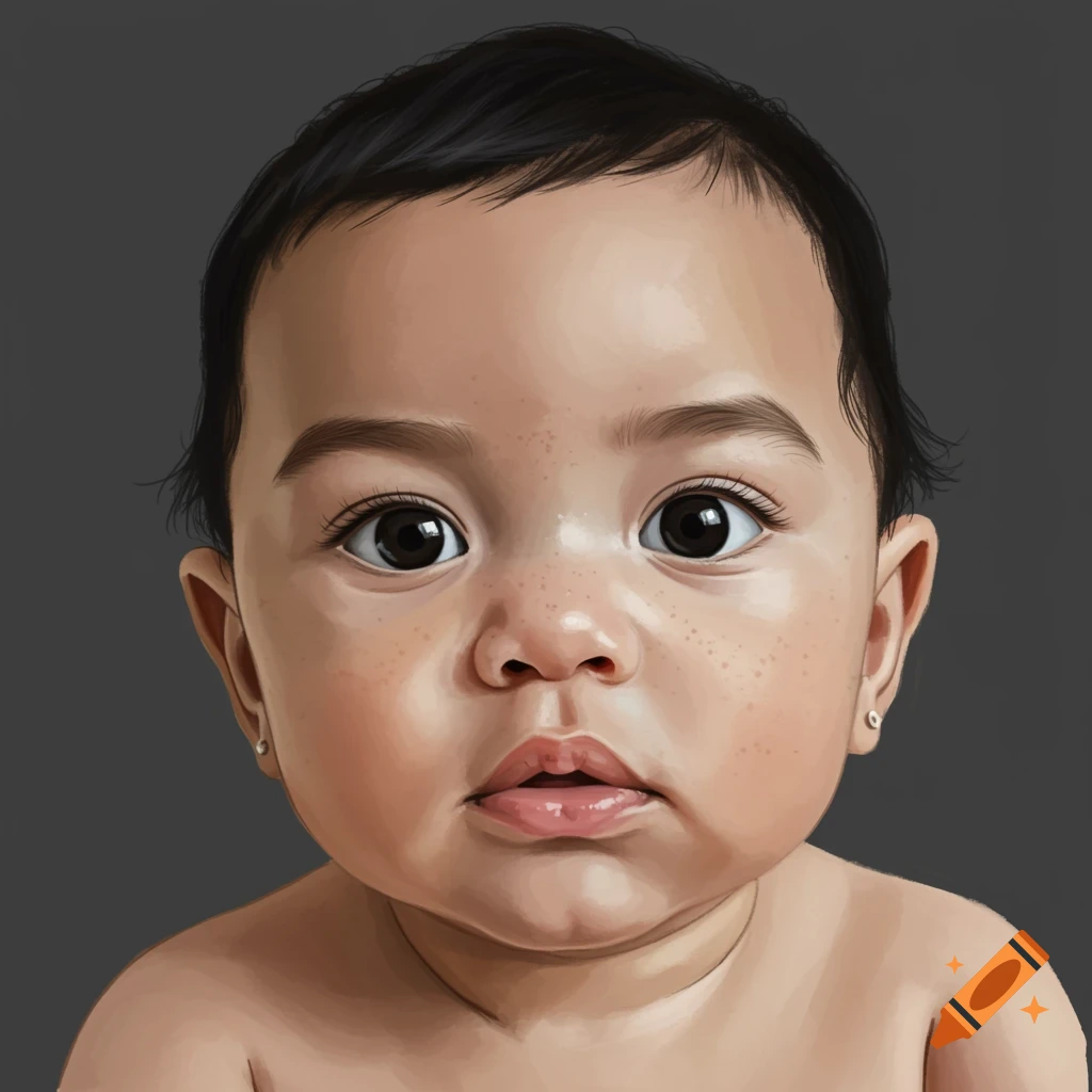 Image of a baby with round face, freckles, and black hair on Craiyon