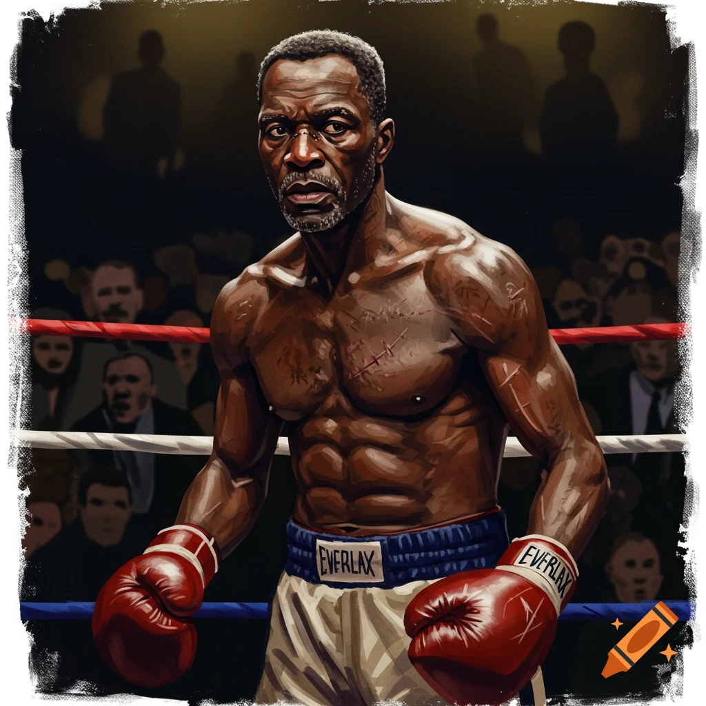 Image of an old, scarred Black boxer in a ring. on Craiyon
