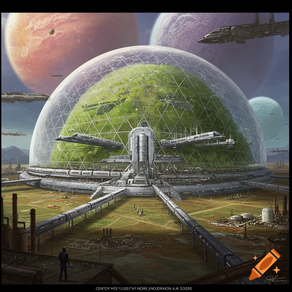 Colossal biodome on a distant world protecting science labs, research ...