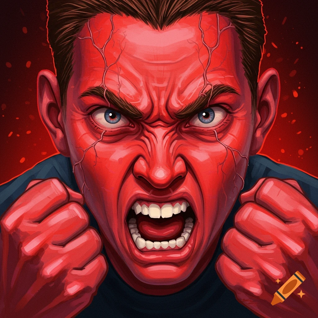 A man with red skin, veins visible, shouting in extreme anger with fists clenched. on Craiyon