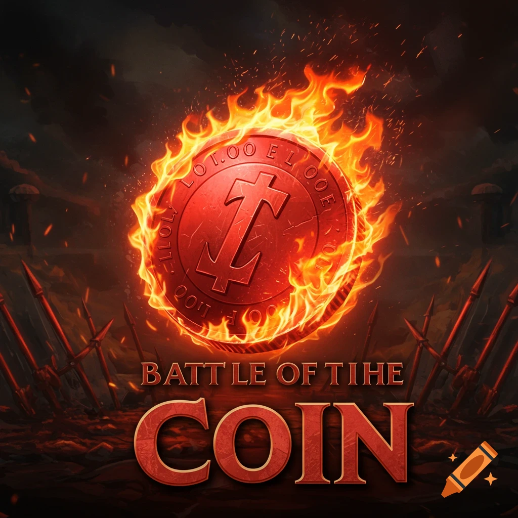 Battle of the Coin message with a red, burning coin on Craiyon