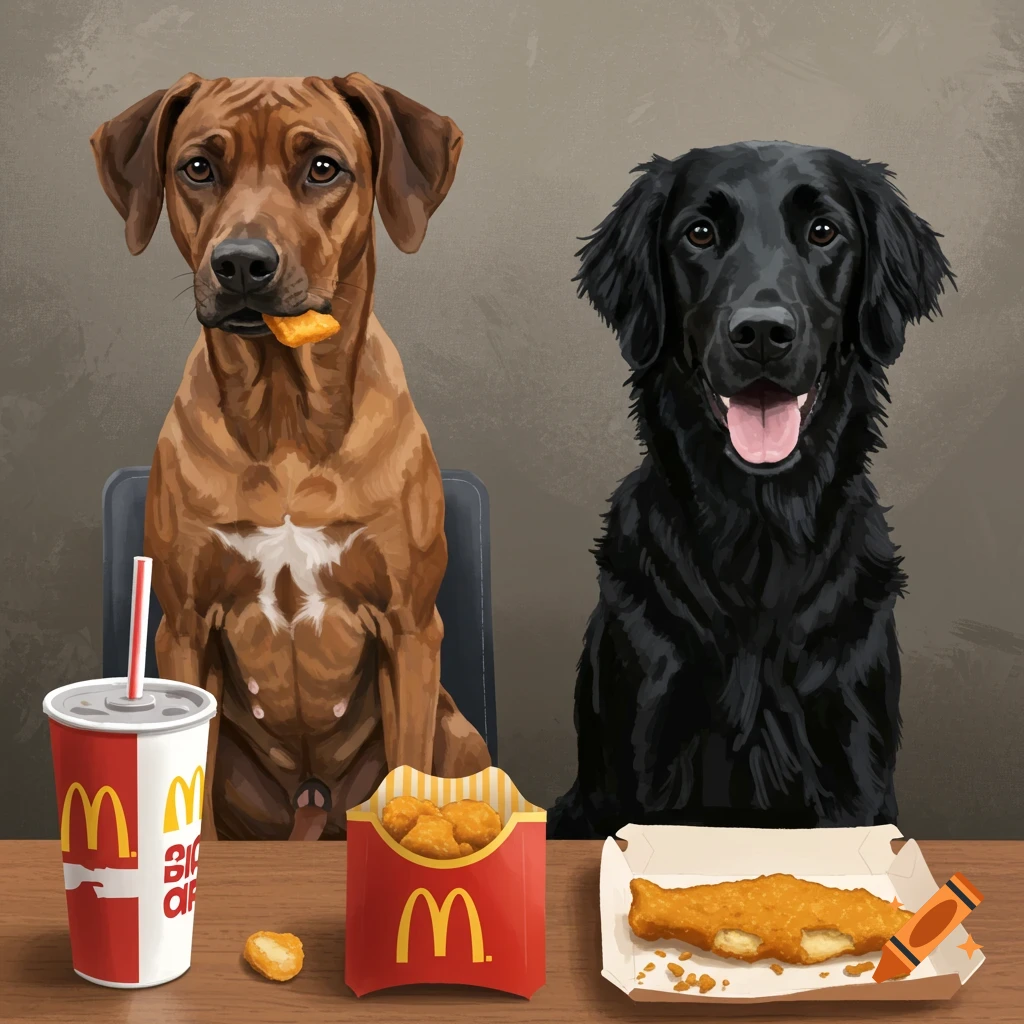 Two dogs enjoying McDonald's meals in a hyperrealistic portrait on Craiyon