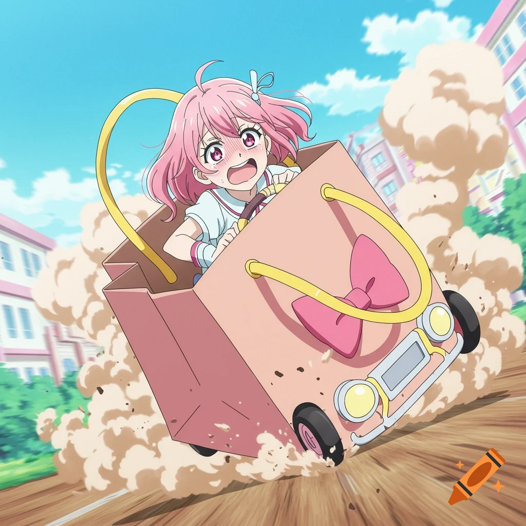Anime girl with pink hair panics while driving a shopping bag car ...