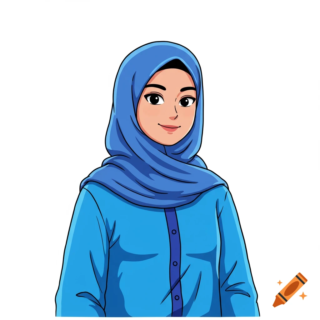 A cartoon illustration of a woman wearing a blue hijab and blue shirt ...