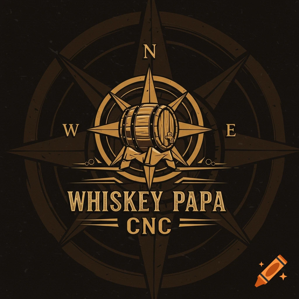 Logo with a compass rose, a whiskey barrel in the center, and the text ...