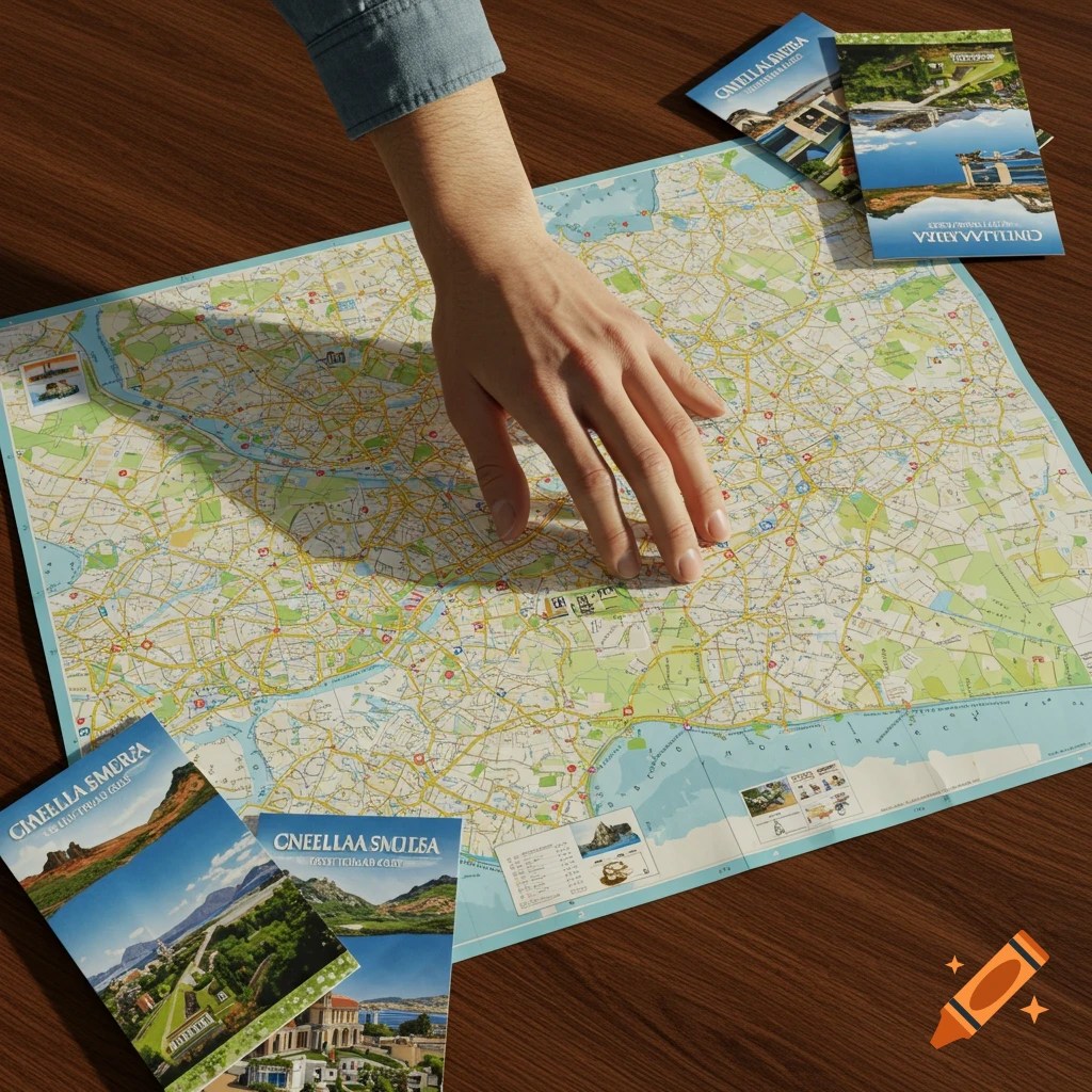 Map and pamphlets on a table with a hand on Craiyon