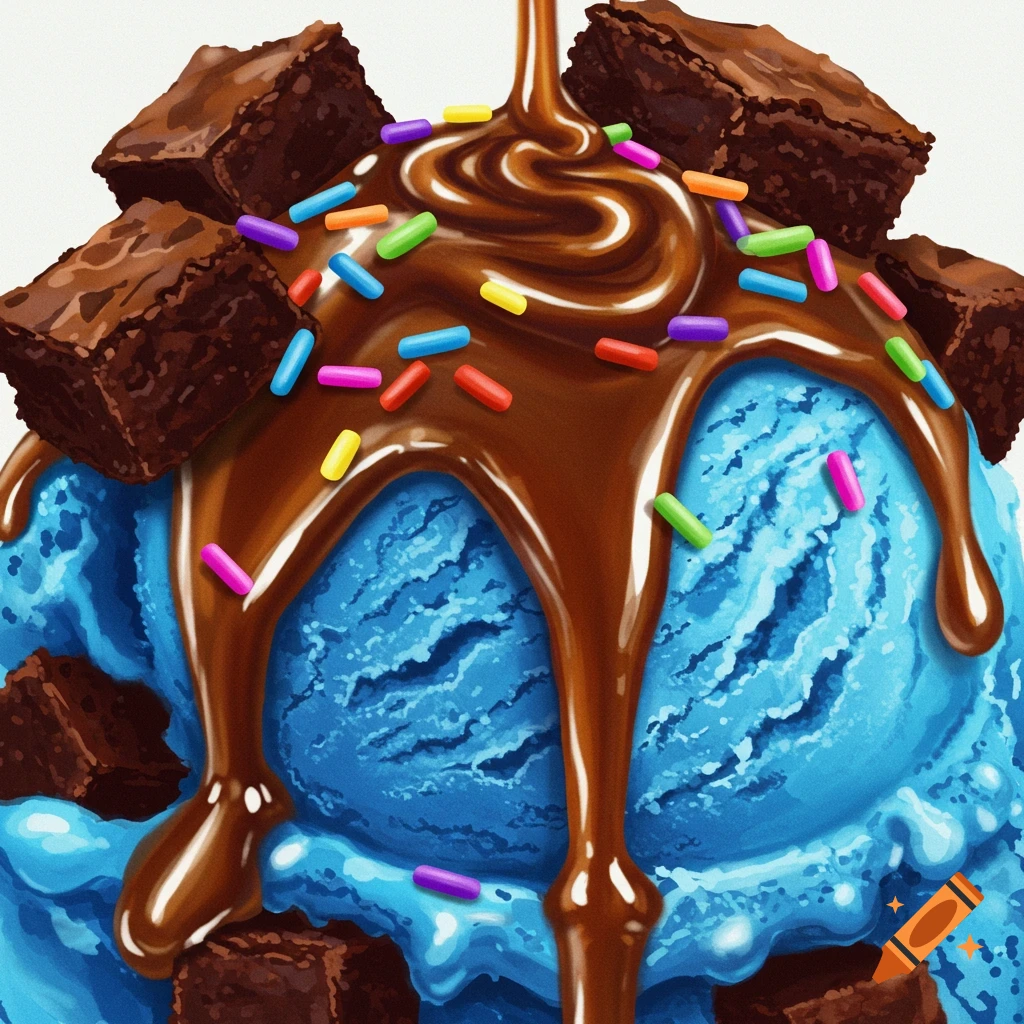 Blue ice cream with brownies, sprinkles, and fudge on Craiyon