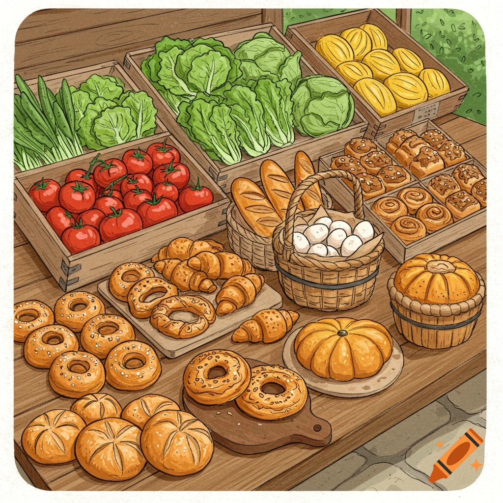 Farmstand with chicken eggs, vegetables, and baked goods drawing on Craiyon