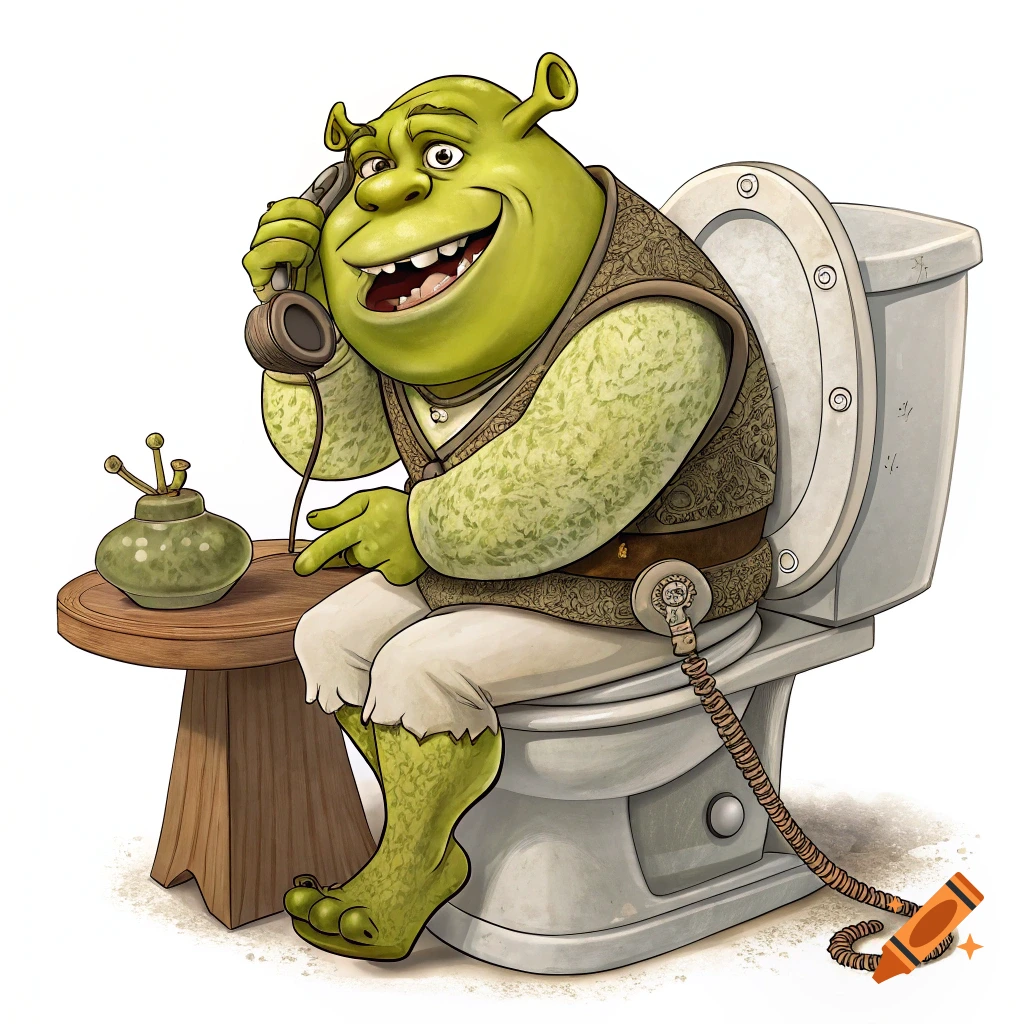 Shrek sits on a toilet talking on an old-fashioned telephone, styled as ...