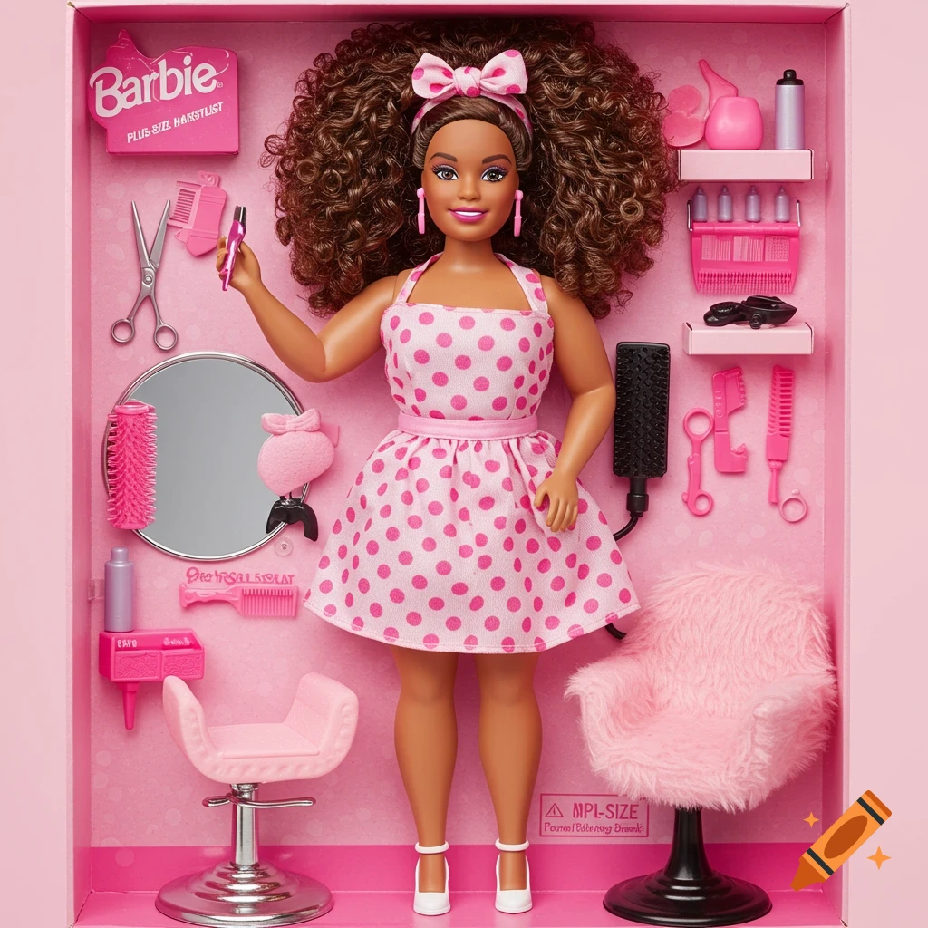 Plus size hairstylist as Barbie doll in Barbie box on Craiyon