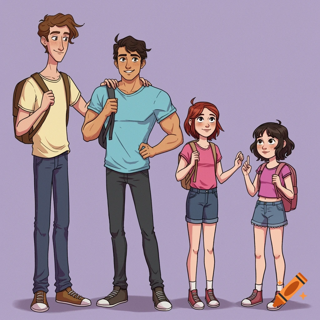Illustration of four friends with backpacks. on Craiyon