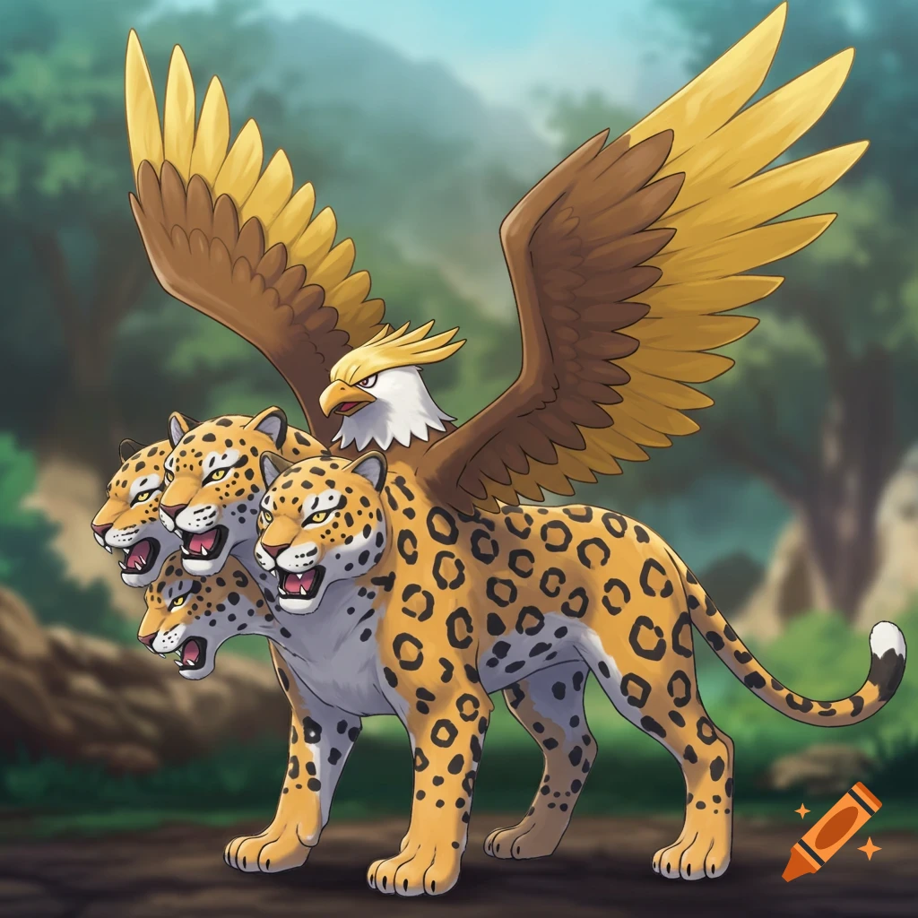 Pokemon anime style leopard beast with four heads and eagle wings on ...