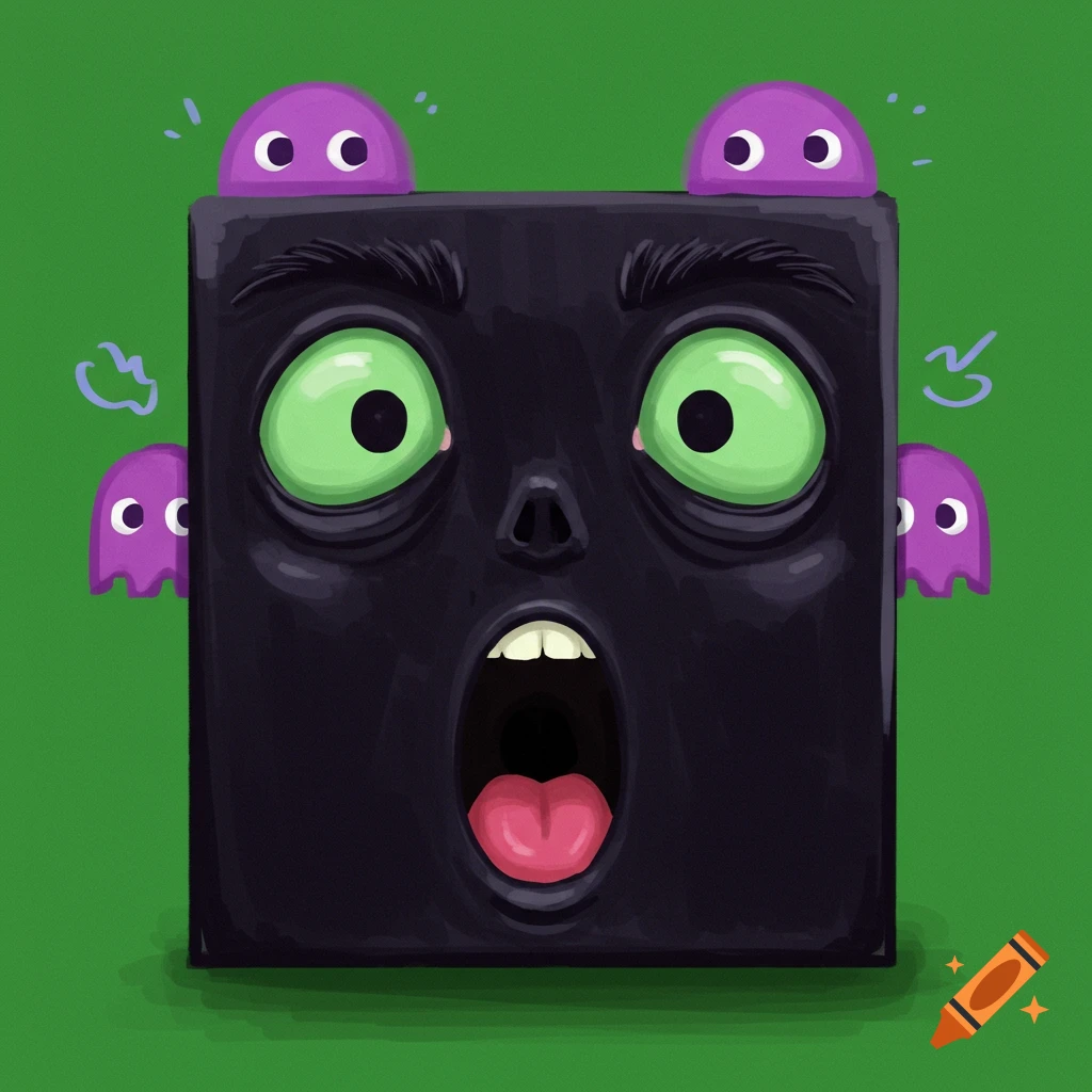 Black square box with green interior, three eyes, eyebrows, domes ...