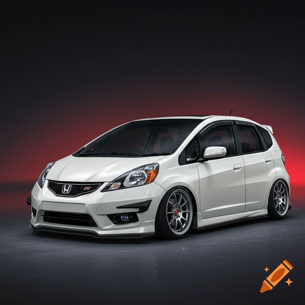 Taffeta white 2012 Honda Fit Sport lowered on coilovers with Volk te37 wheels on Craiyon