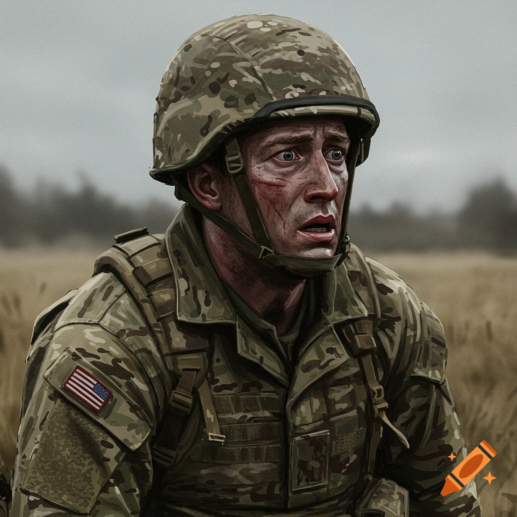 Soldier with a scared expression looking right on Craiyon