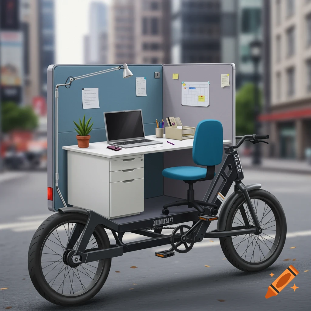 Office cubicle attached to a bicycle concept design. on Craiyon