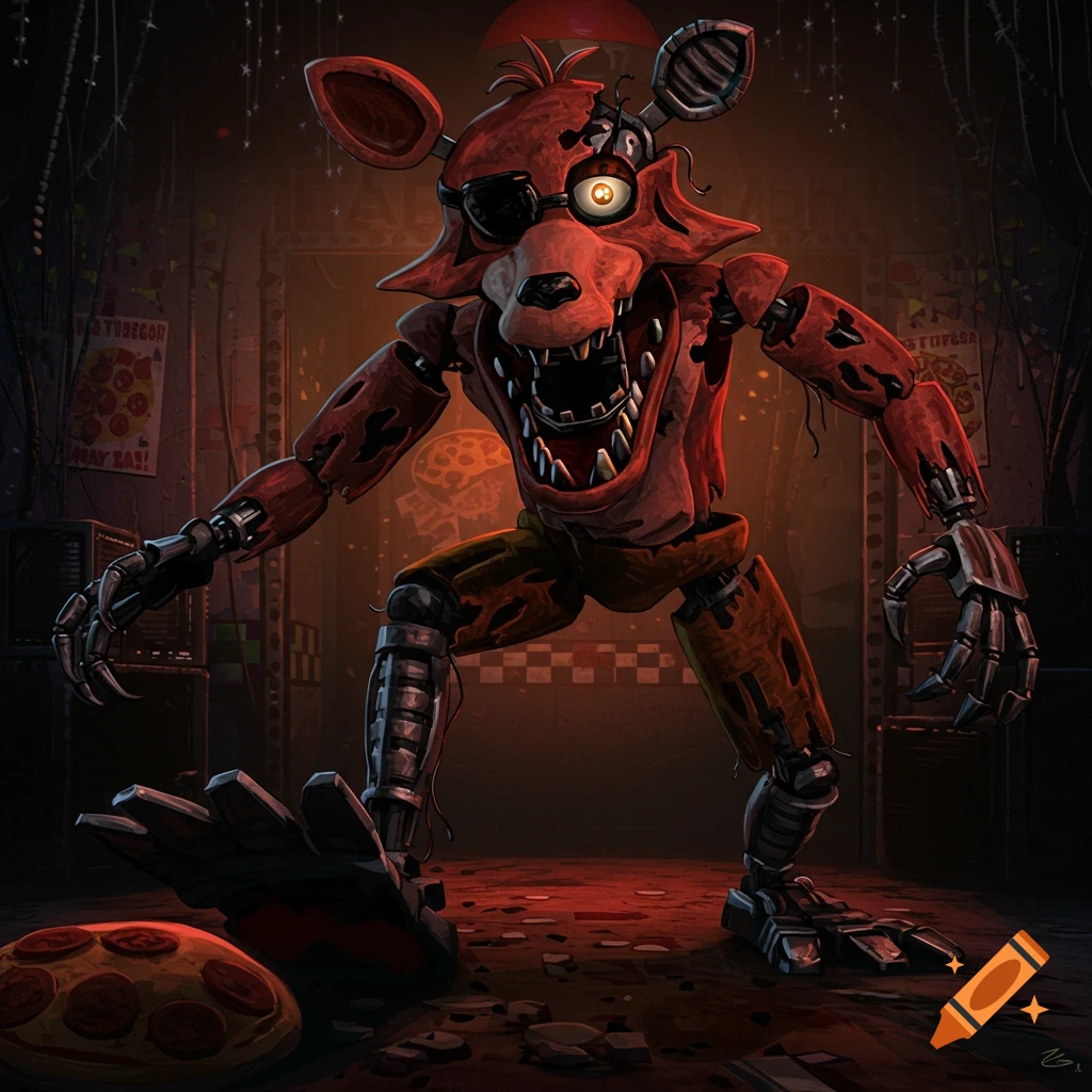 Withered Foxy, a damaged red fox animatronic, in a dark room with pizza ...