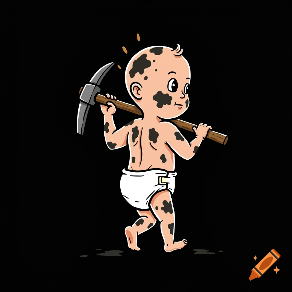 Cartoon mascot of a baby miner with a pickaxe on Craiyon