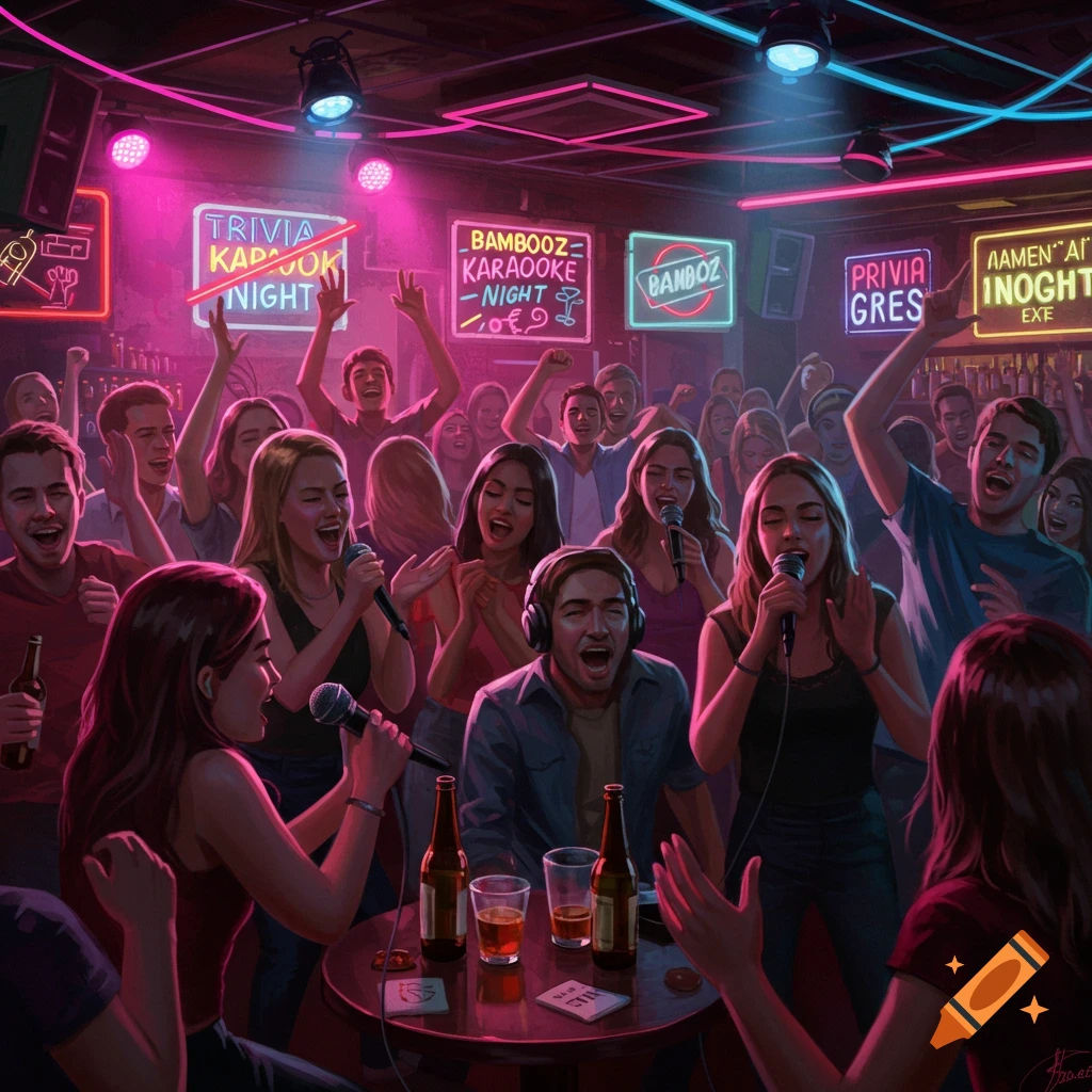 Lively karaoke night at Bambooz bar with diverse crowd singing and ...