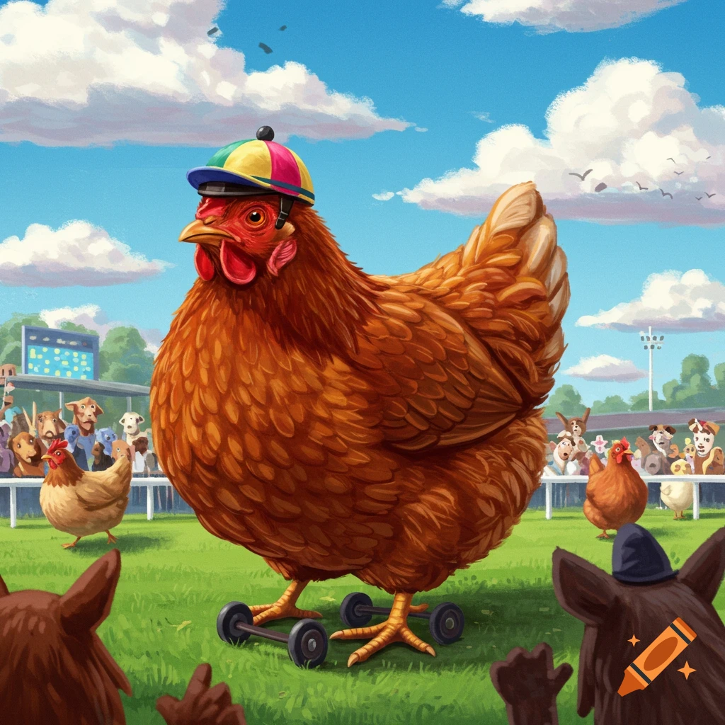 A small jockey rides a large chicken during a race at a track. on Craiyon