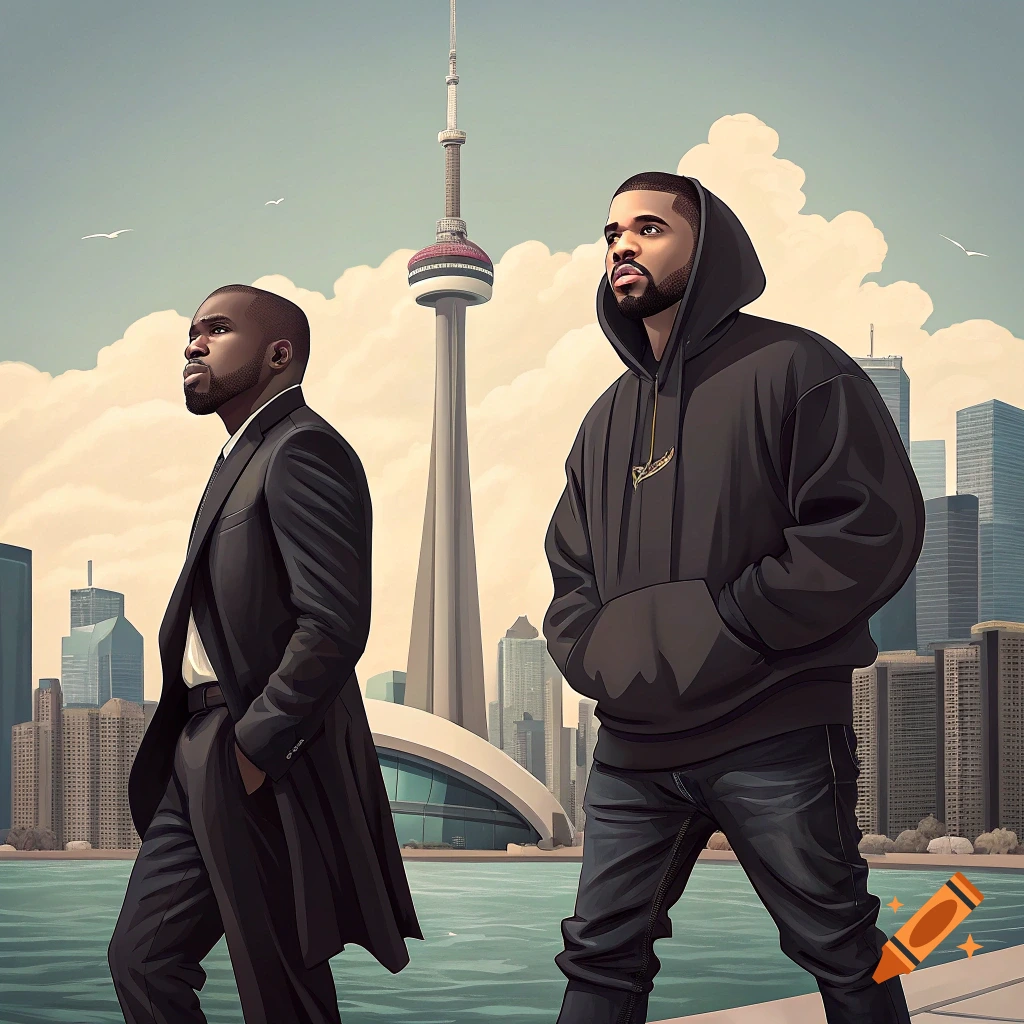 Kanye West and Drake in all-black outfits in Toronto with CN Tower on ...