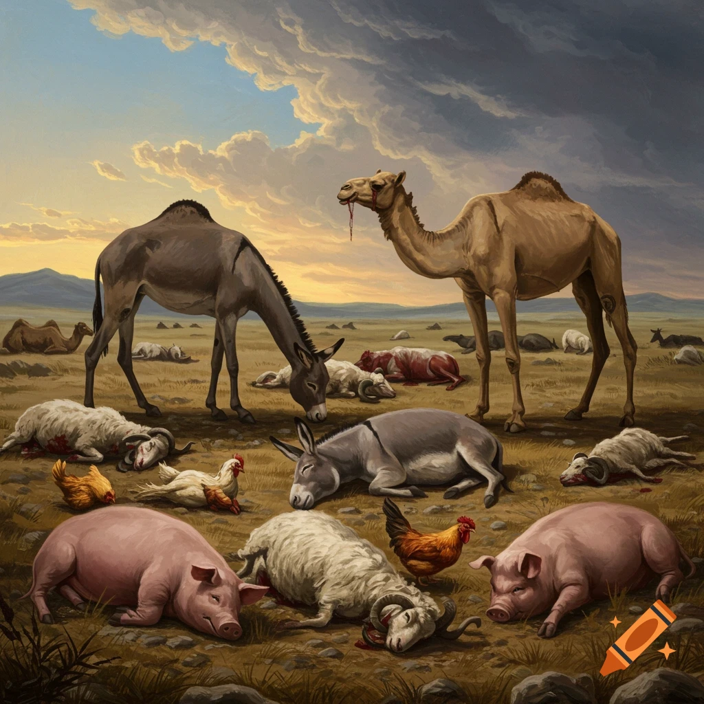 Depiction of the plague of dead livestock in Egypt, including horses ...